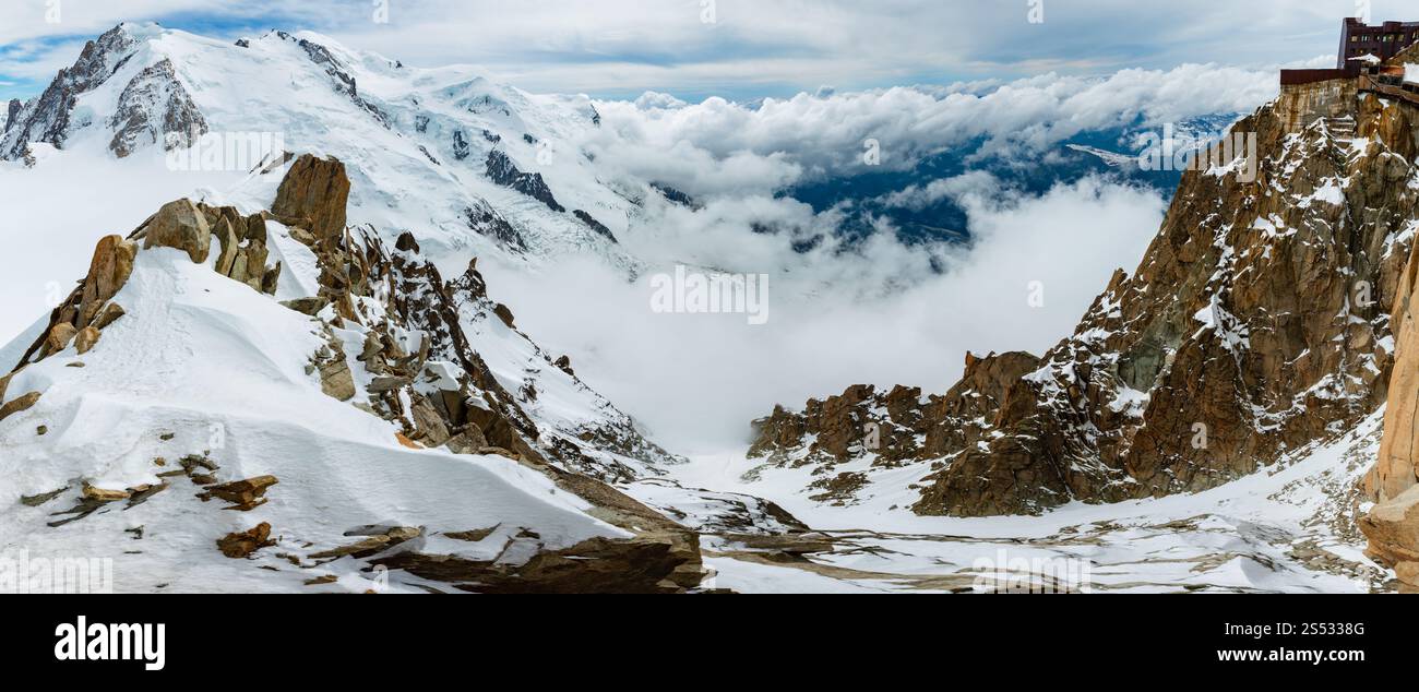 Mont Blanc rocky mountain massif summer view from Aiguille du Midi Mount, Chamonix, French Alps ...