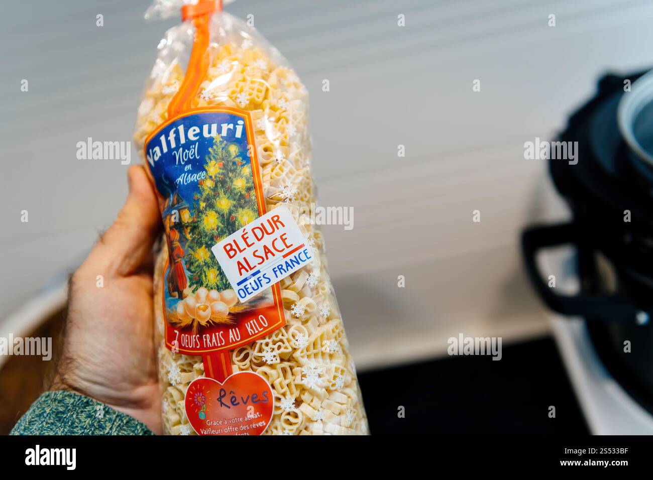 Paris, France - Dec 28, 2024: A close-up of a Valfleuri pasta bag ...