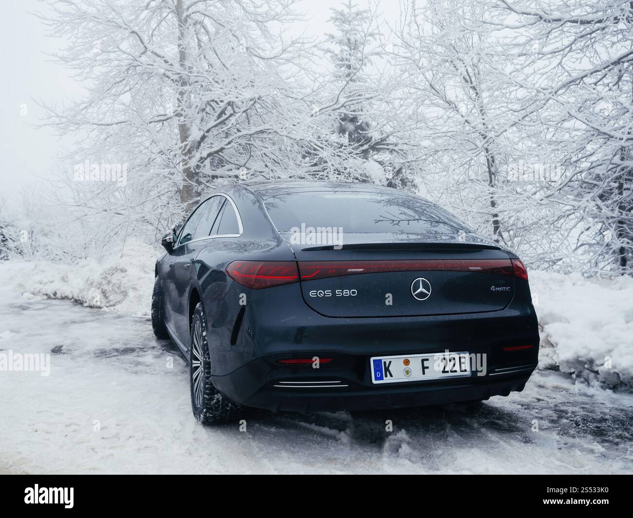 Black Forest, Germany - Jan 3, 2025: Mercedes EQS 580 luxury electric car parked on a snowy ...