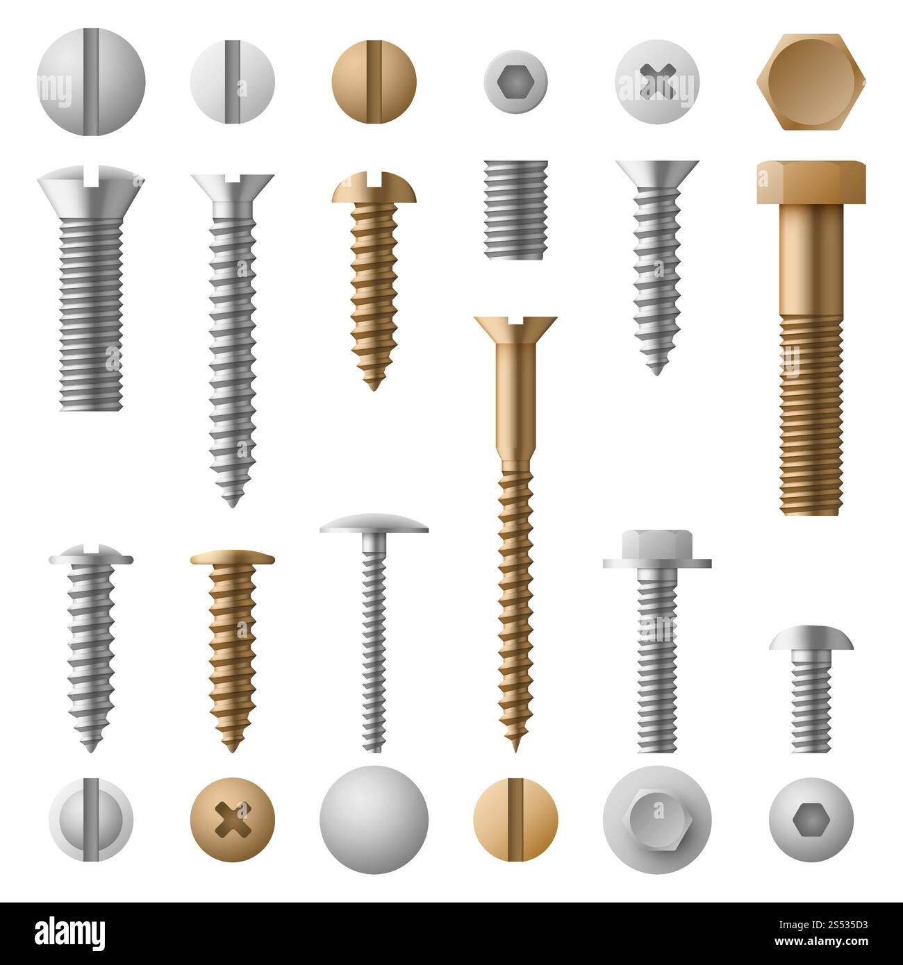 Stainless bolts screws, nuts, fasteners and rivets vector illustration ...