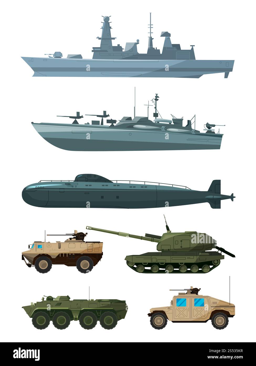 Warships and armored vehicles of land forces. Military transport ...