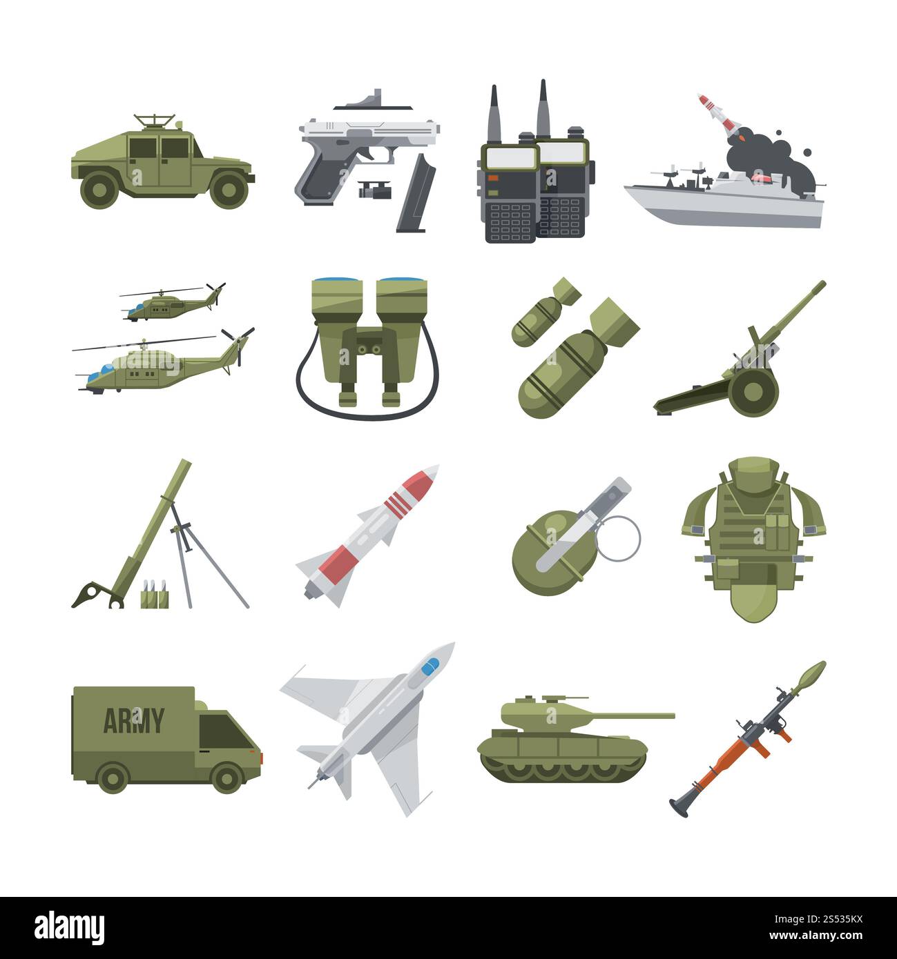 Icon set of different army weapons. Military and police equipment ...