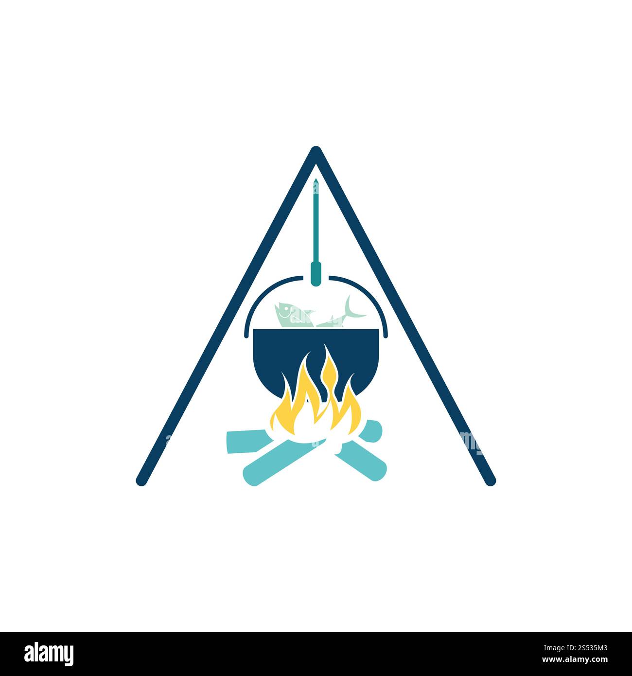 Icon of fire and fishing pot. Flat color design. Vector illustration ...