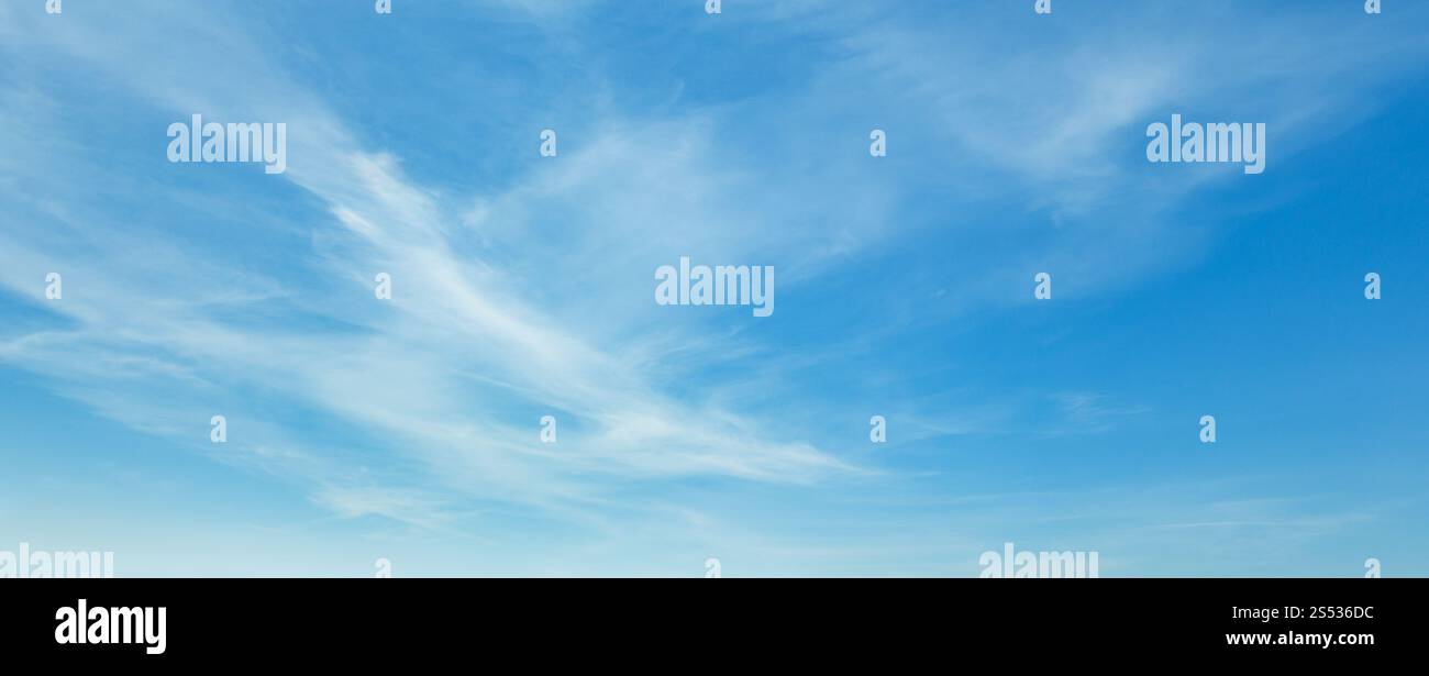 White cirrus fuzzy clouds in the blue azure sky. Summer good weather ...