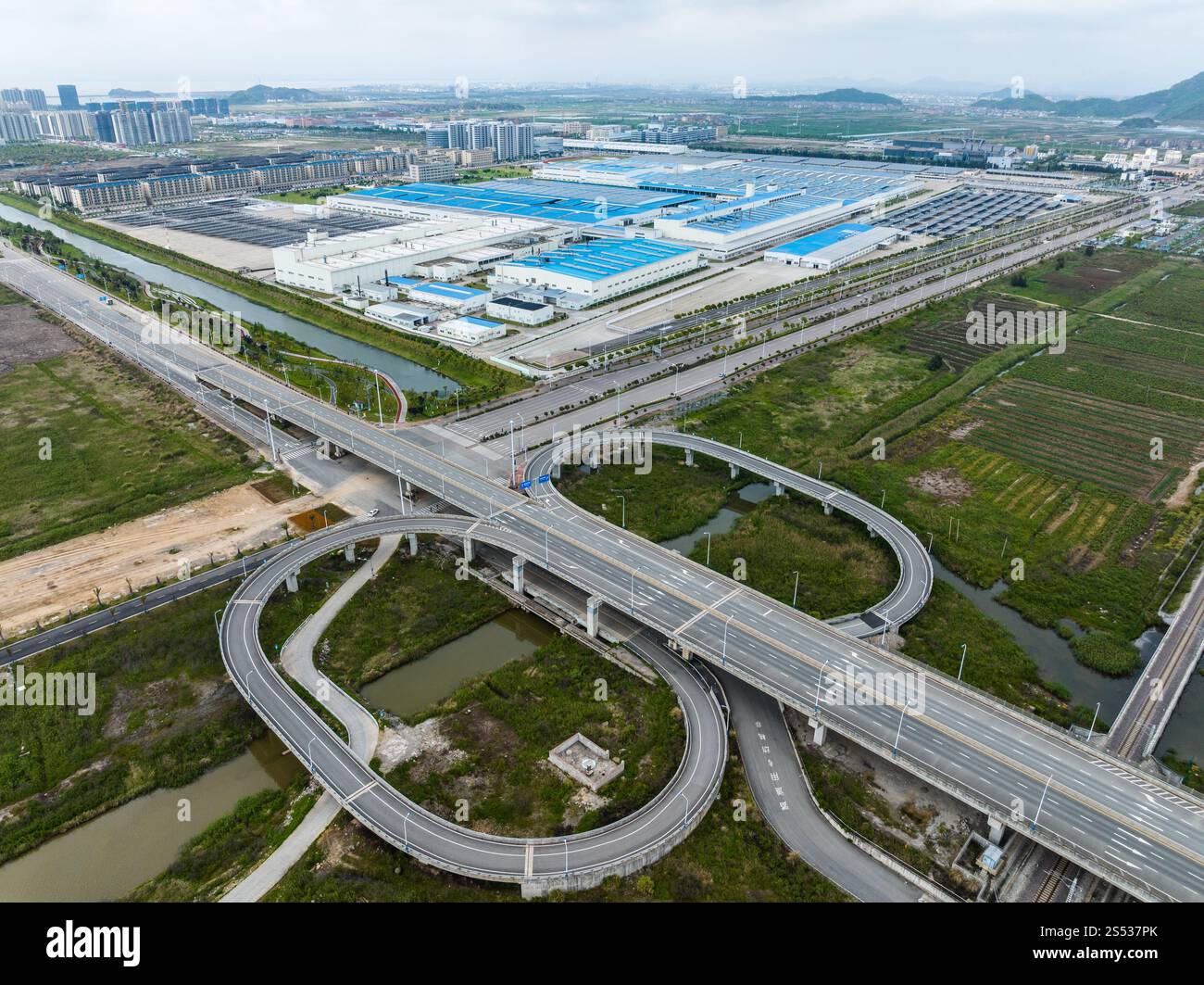 An aerial photo shows the Geely Automobile Linhai manufacturing base in Taizhou, Zhejiang ...