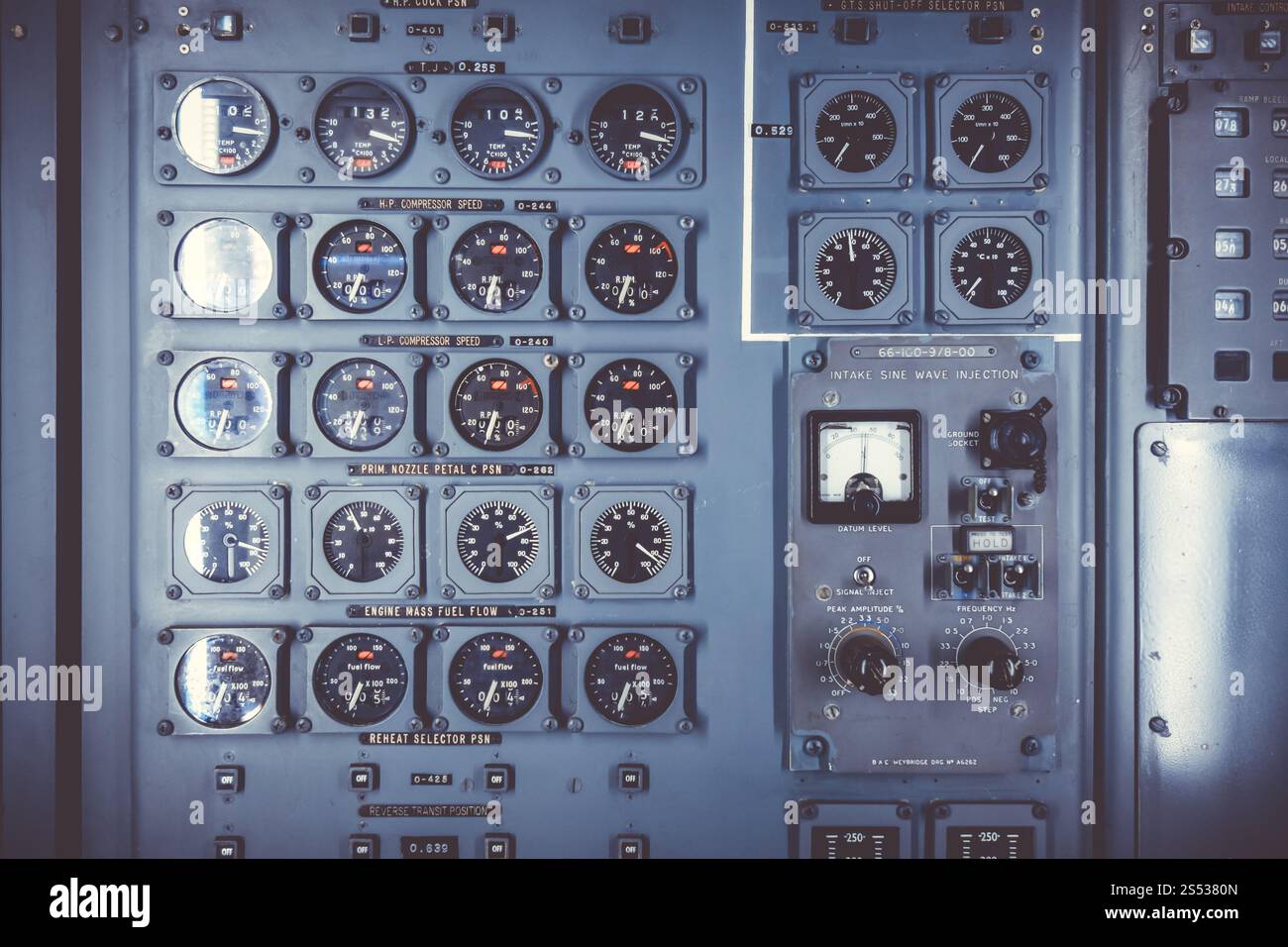 Old airplane control panel in cockpit. Industrial grunge background ...