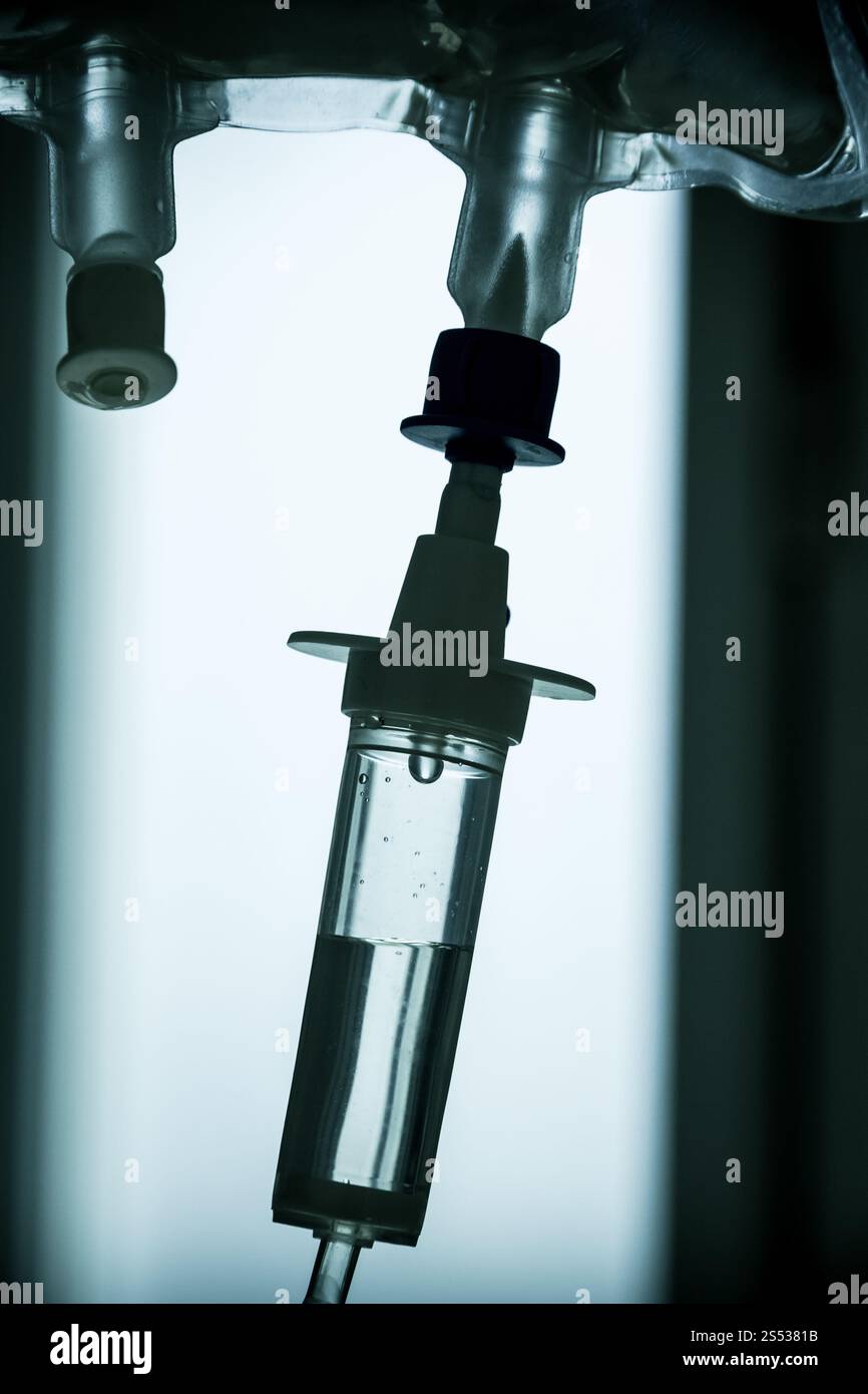 Closeup view of intravenous infusion drip equipment in hospital ...
