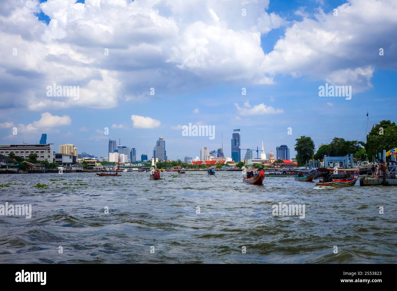 Boats on Chao Phraya River in Bangkok, Thailand. Chao Phraya River ...