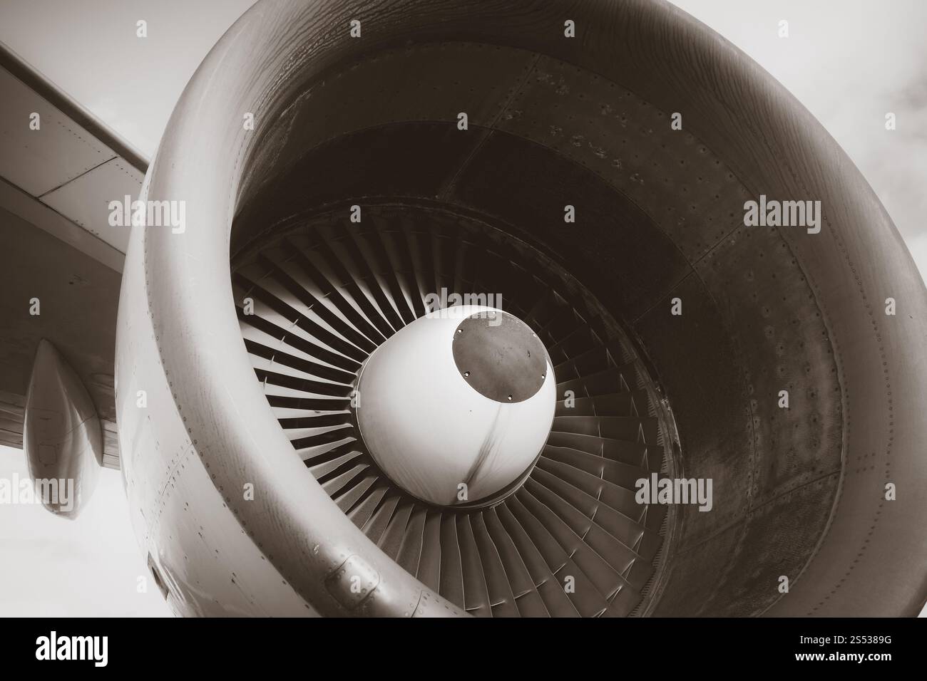 Airplane engine and wing detail. Black and white picture. Airplane ...