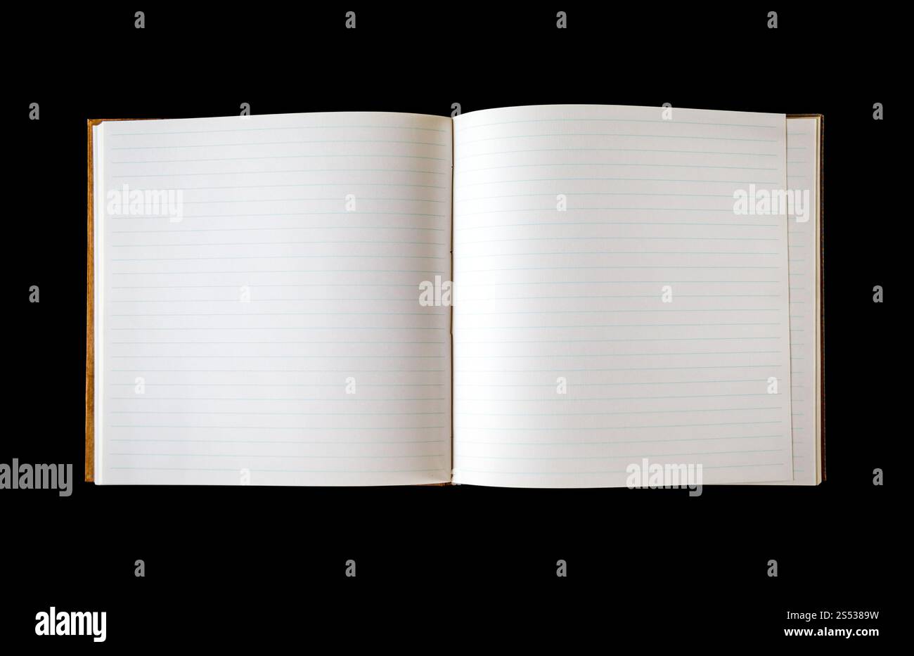 Open blank notebook mockup, isolated on black. Top view. Open blank ...