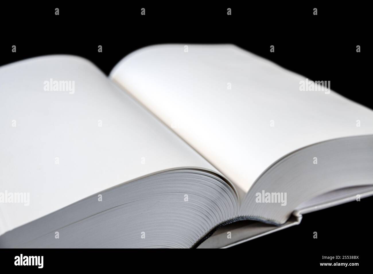 Open blank dictionary, book mockup, black background. Open blank ...