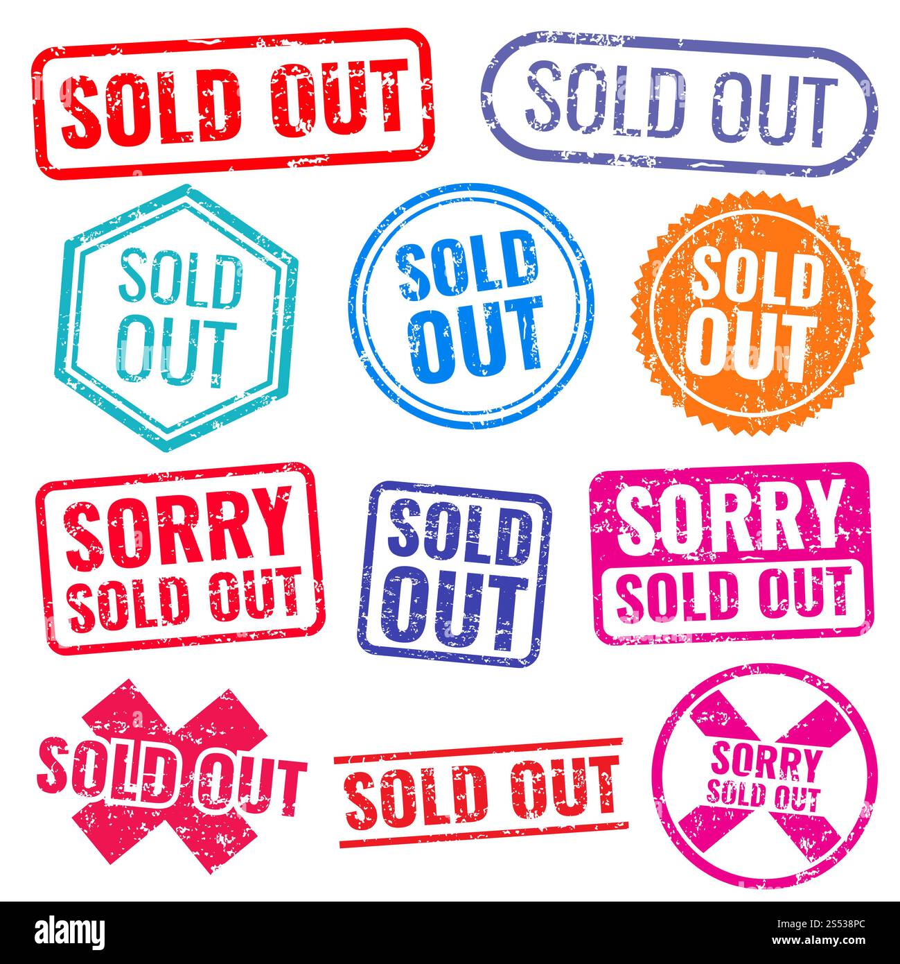 Sold out stamps with grunge texture isolated vector labels set. Colored ...