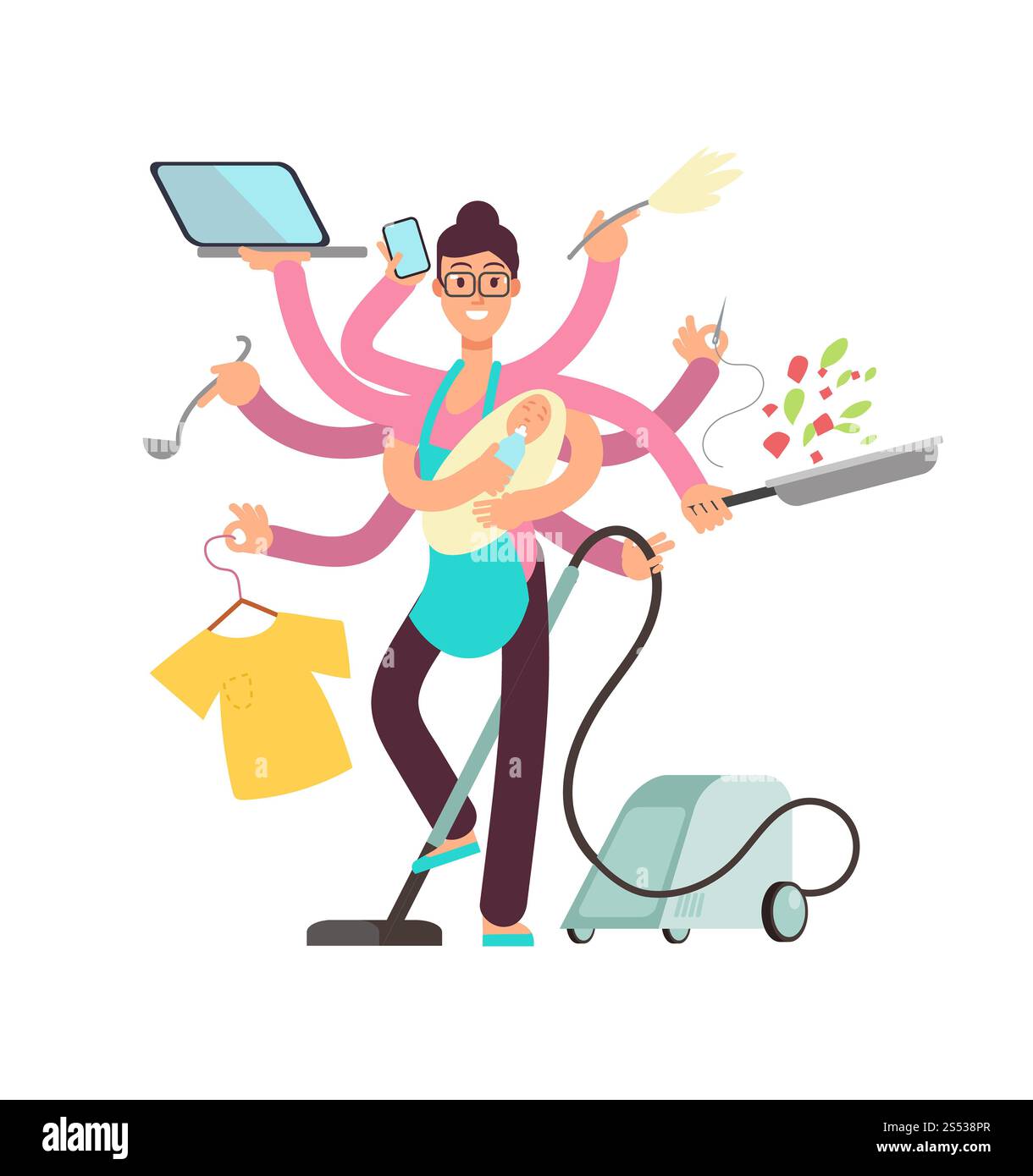 Super busy mother working and cooking simultaneously vector concept ...
