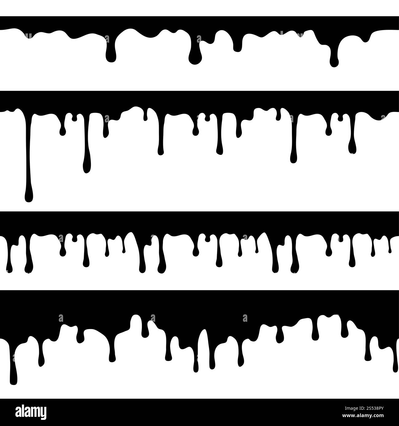 Paint dripping, black liquid or melted chocolate drips seamless vector currents isolated. Drip ...