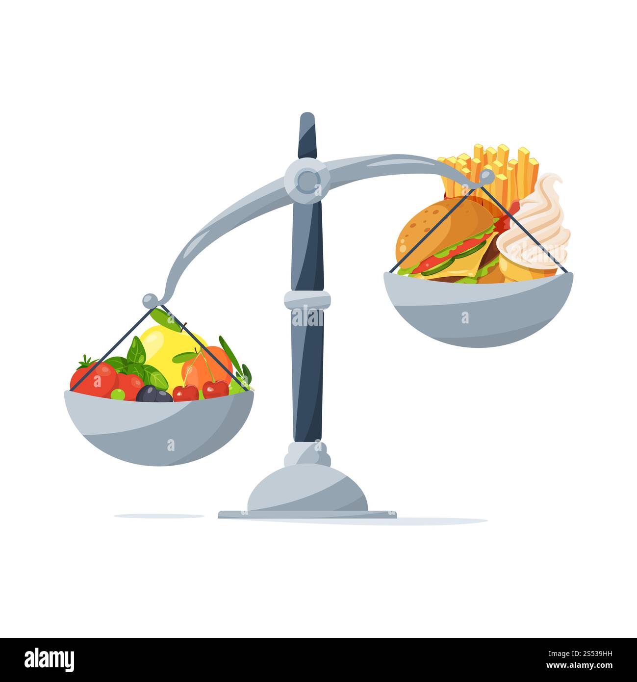Healthy food and fast food on the scales. Choose that you eat. Vector ...