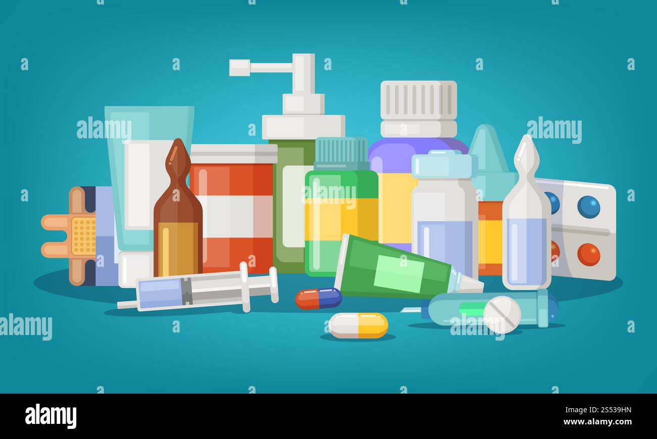 Pharmaceutical vector illustration of medical bottles and pills ...