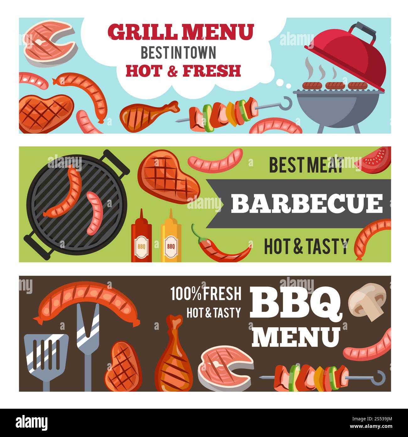 Vector horizontal banners set with illustrations of different foods for ...