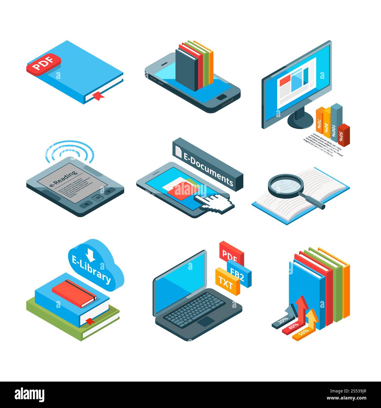 Isometric icons of electronic books and other gadgets for reading ...