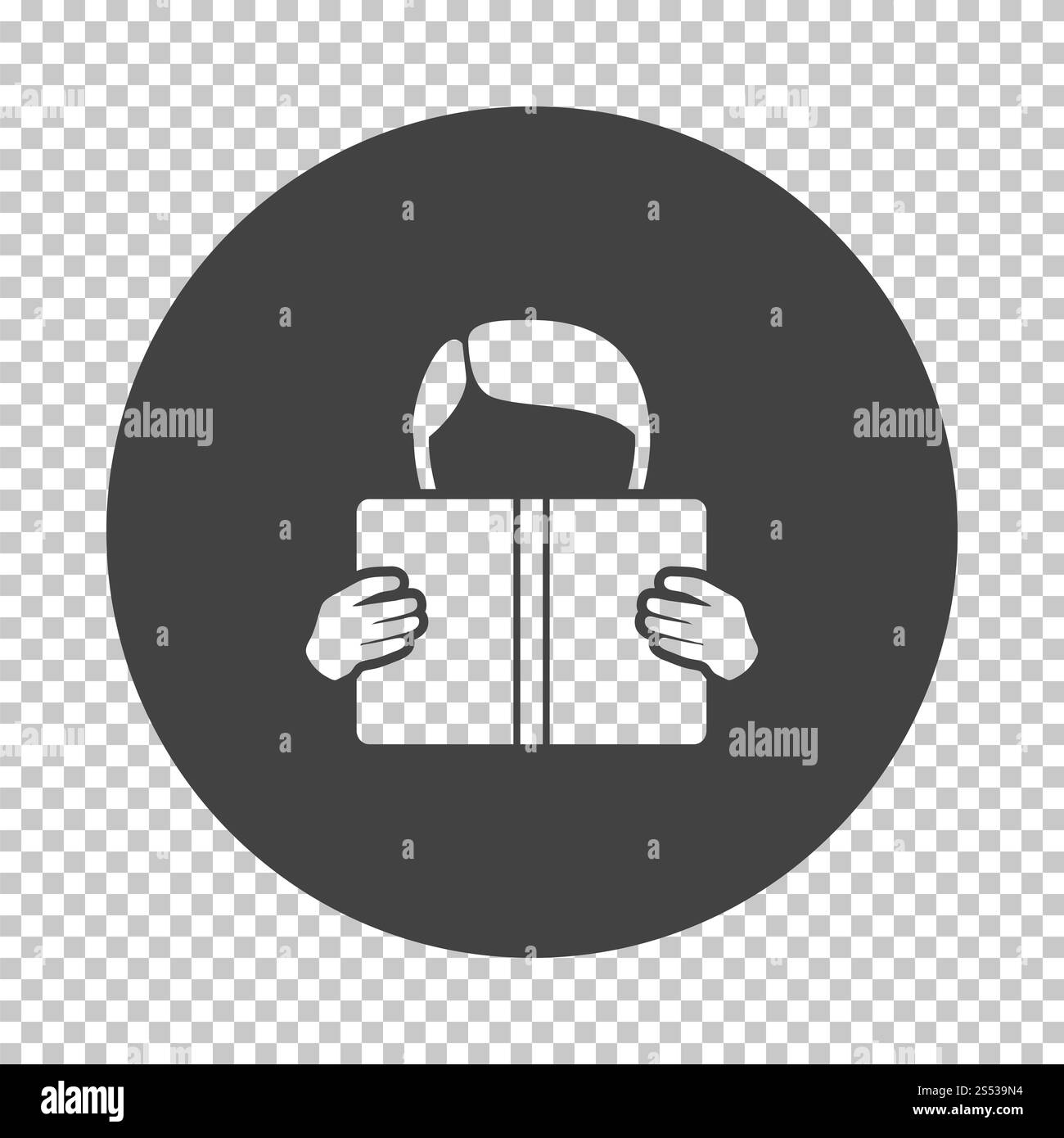 Boy reading book icon. Subtract stencil design on tranparency grid ...