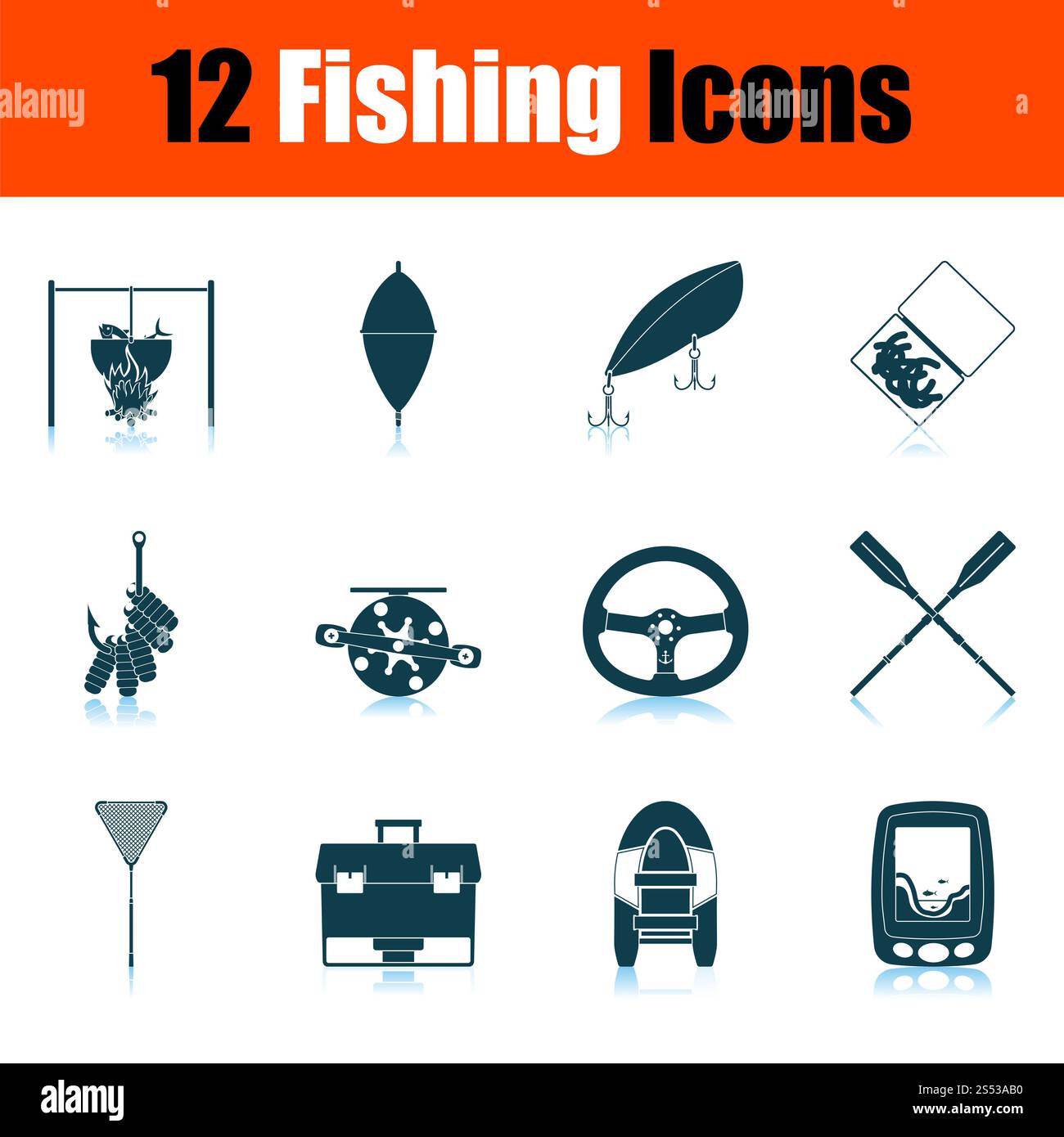 Fishing Icon Set. Shadow Reflection Design. Vector Illustration Stock ...
