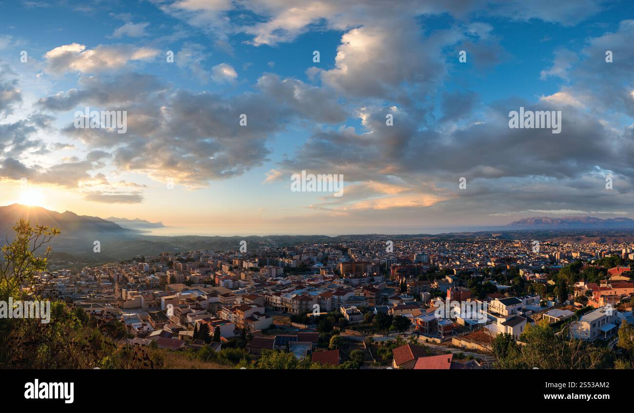 Evening sunset view to Tyrrenian sea bay and Alcamo town from view ...