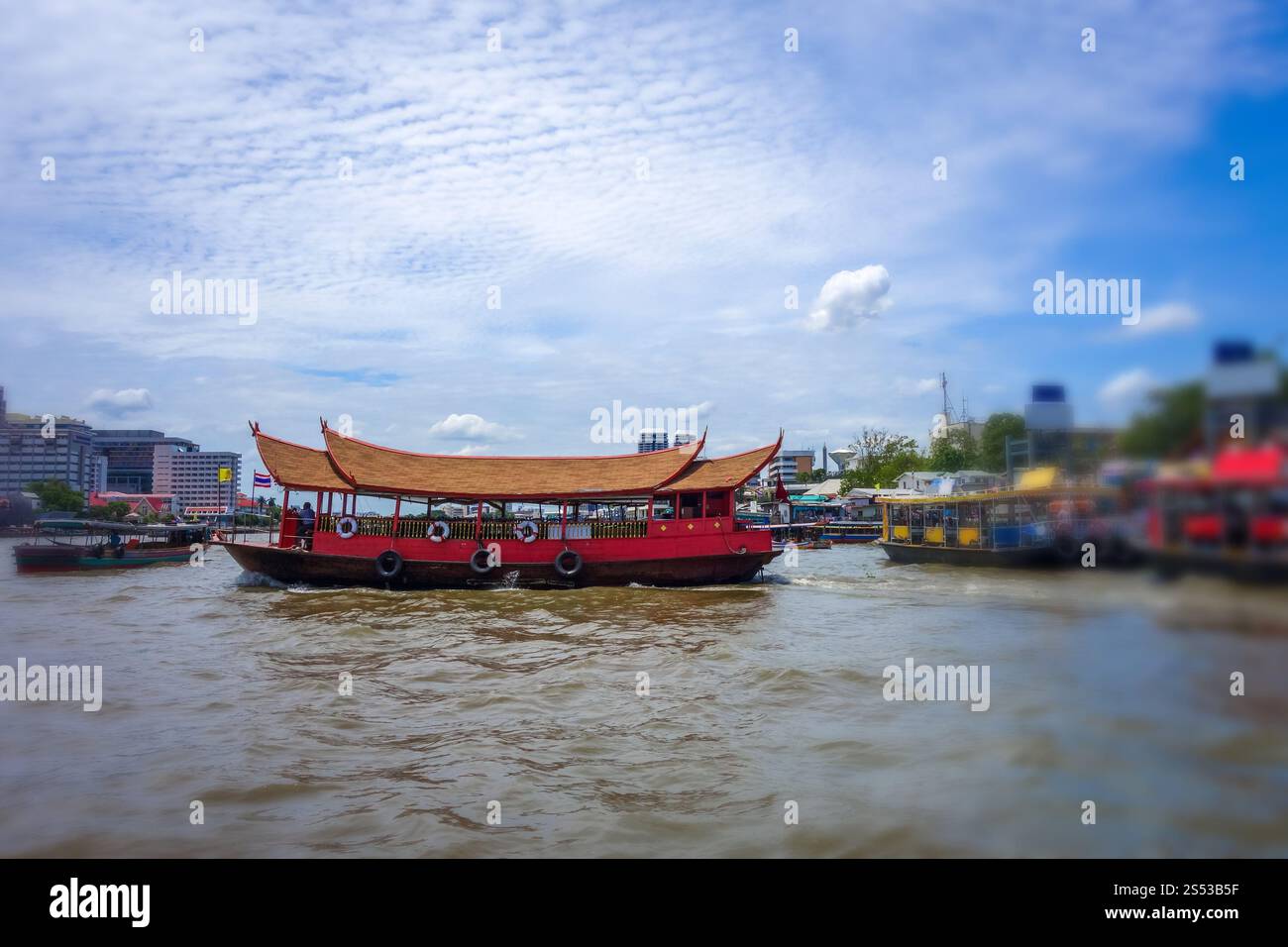 Boats on Chao Phraya River in Bangkok, Thailand. Chao Phraya River ...