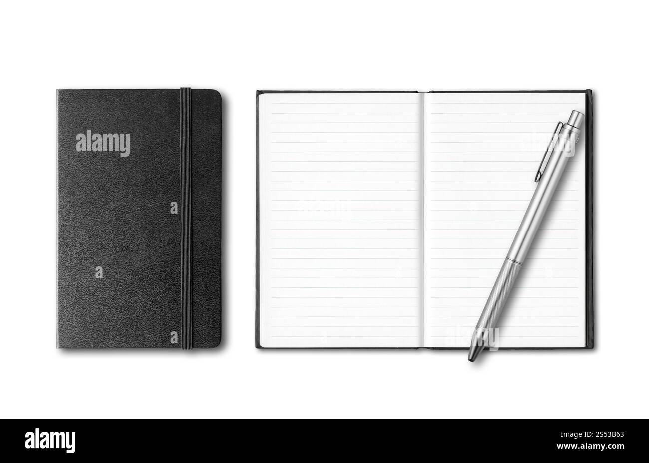 Black closed and open notebooks with pen isolated on white background ...