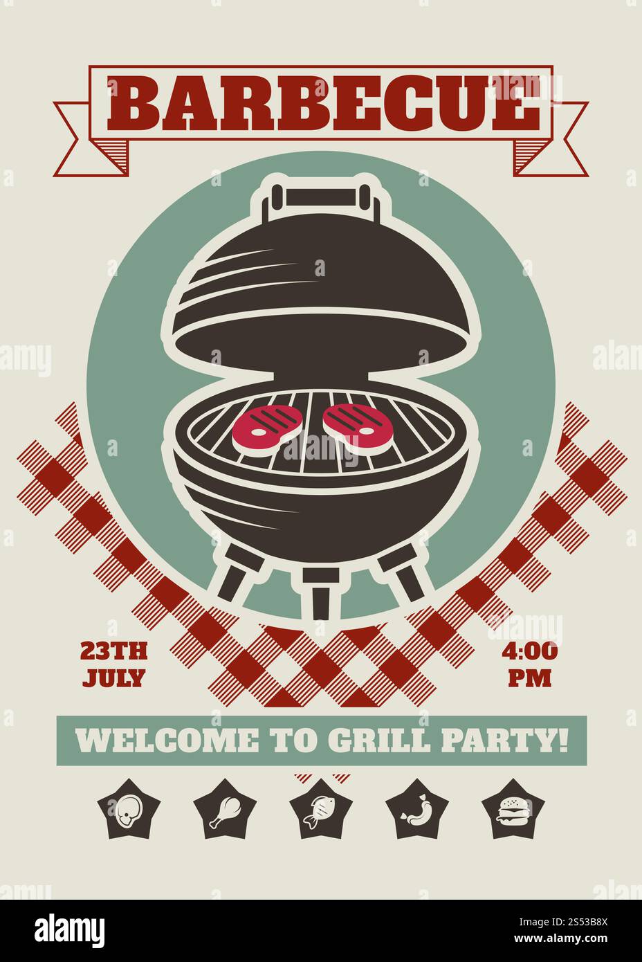 Retro barbecue party restaurant invitation template. BBQ cookout vector ...