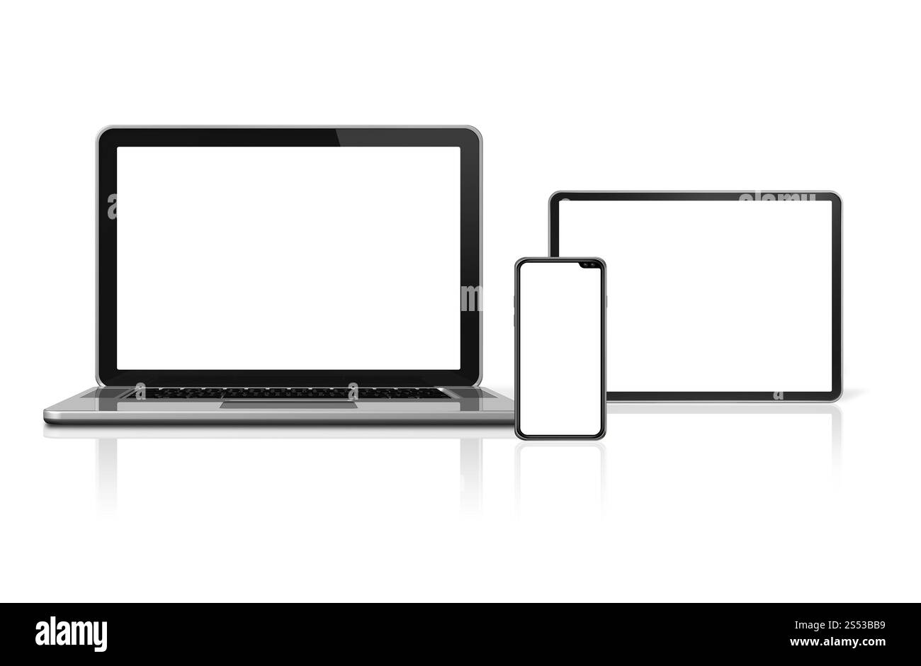 Laptop, tablet and phone set mockup isolated on white background with ...