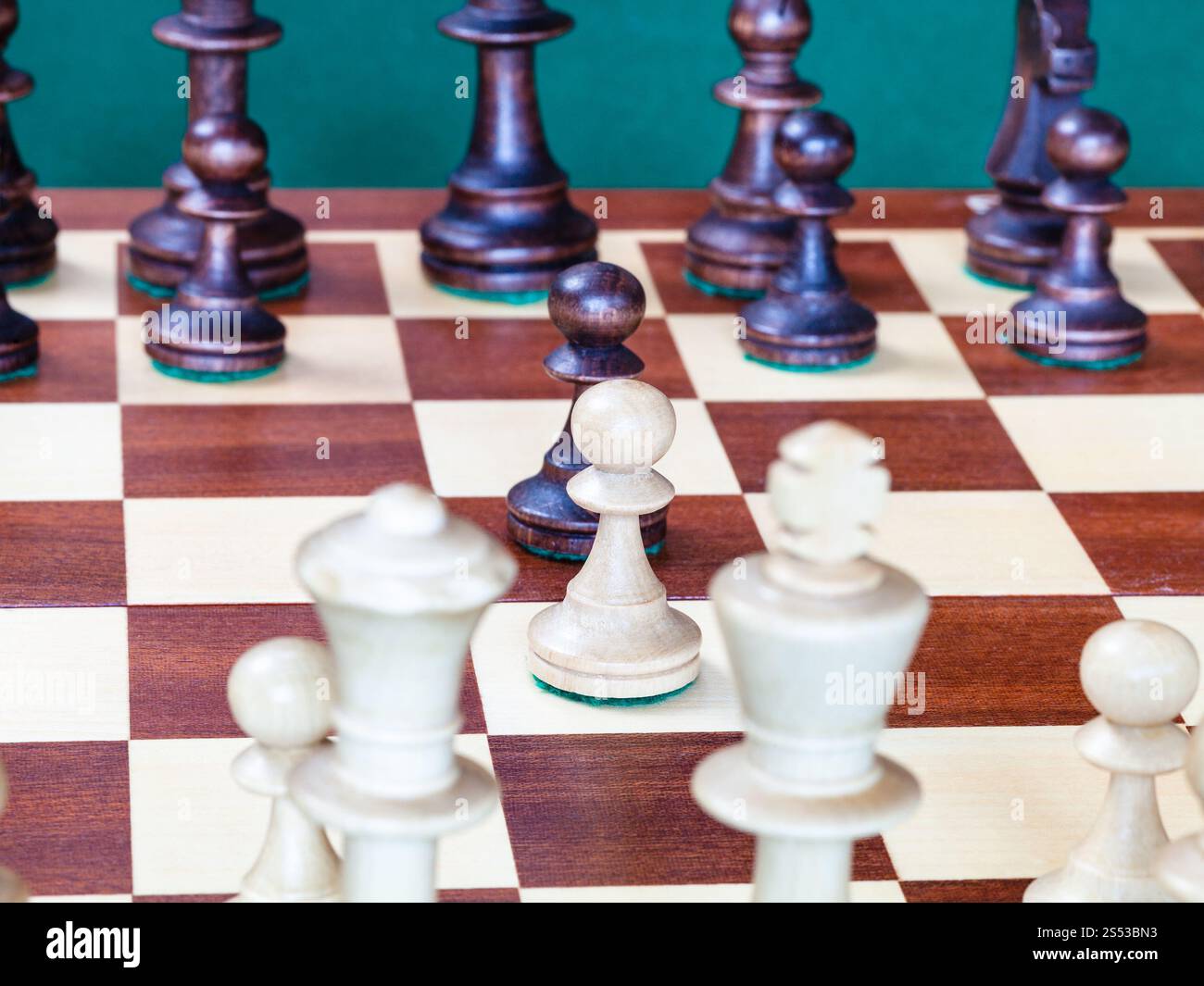 view from white side of chess pawns in the middle of chessboard Stock ...