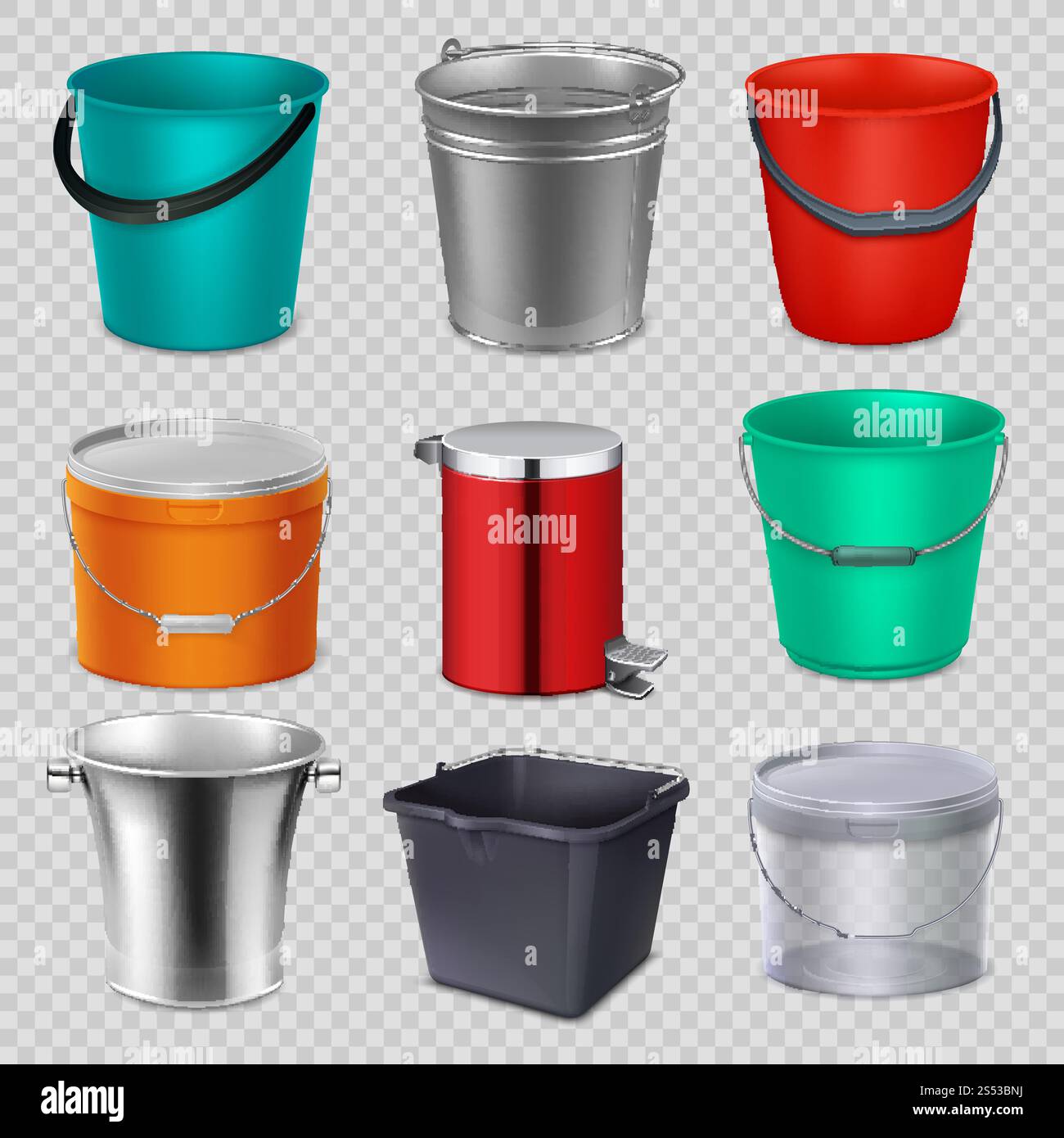 Realistic 3d metal and plastic buckets with handle. Vector collection ...