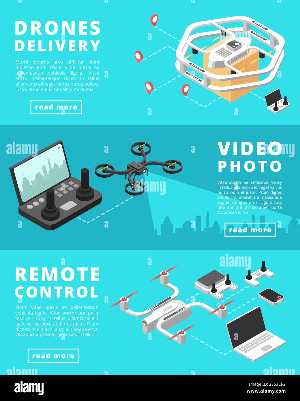 Shipping, surveillance, control with unmanned drones. Vector remote ...