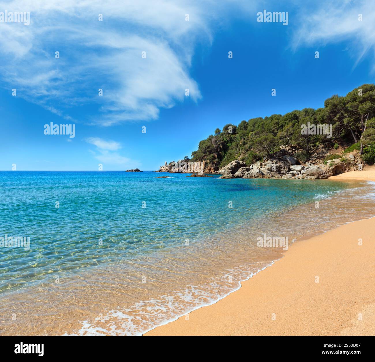 Mediterranean sea rocky coast summer view with sandy beach (Costa Brava ...
