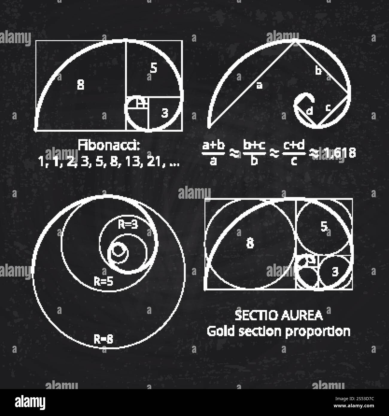 Scheme of golden ratio section, fibonacci spiral on blackboard vector illustration. Geometric ...