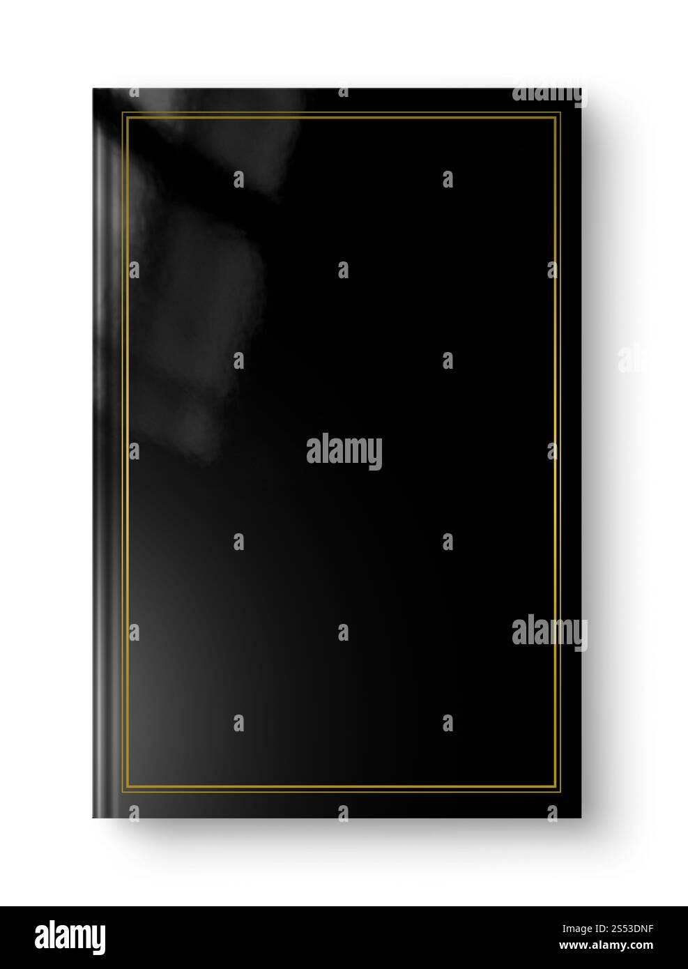 Closed black blank book mockup with gold frame, isolated on white ...