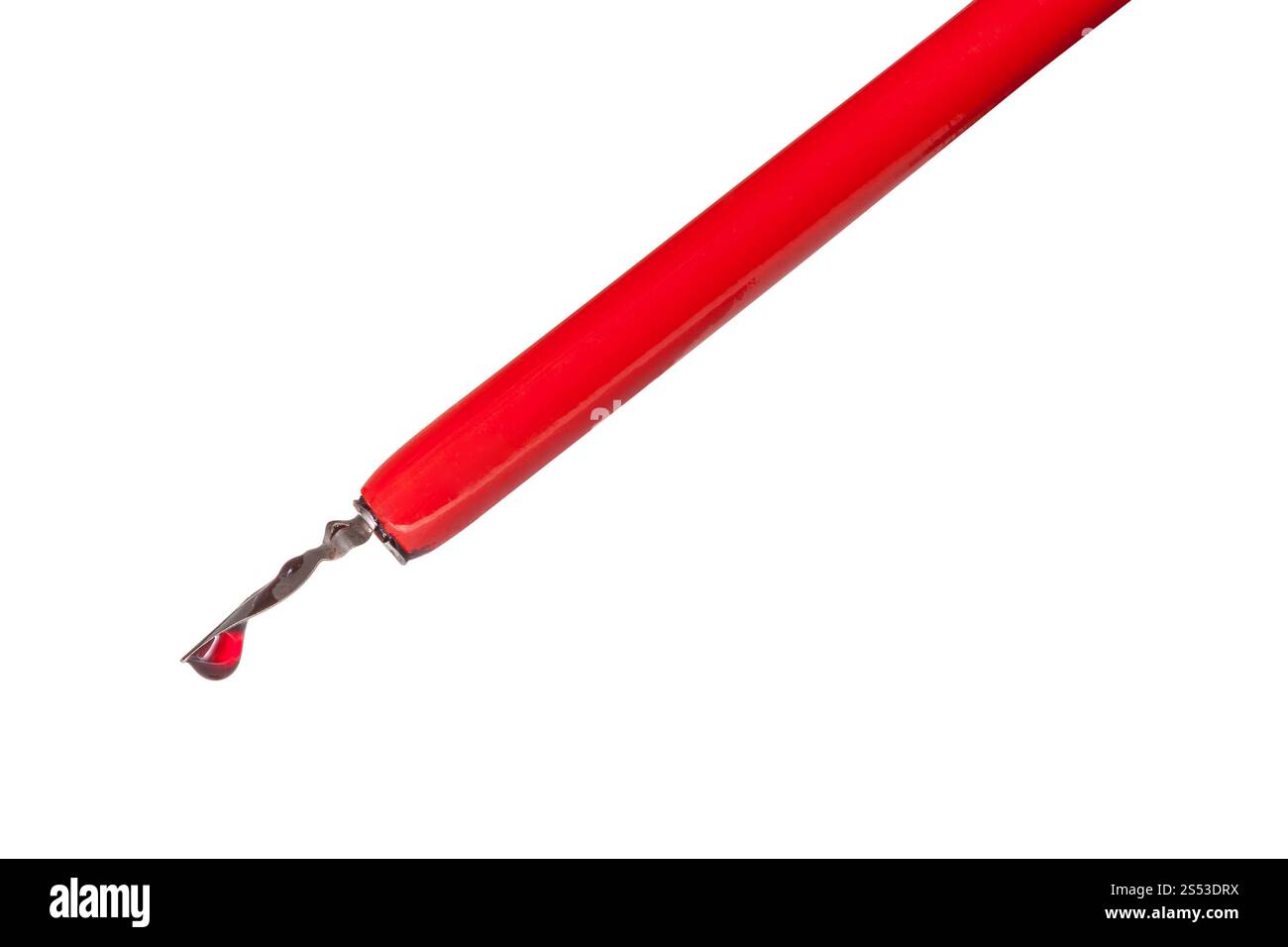 side view of ink drop on tip of red nib pen close up isolated on white ...