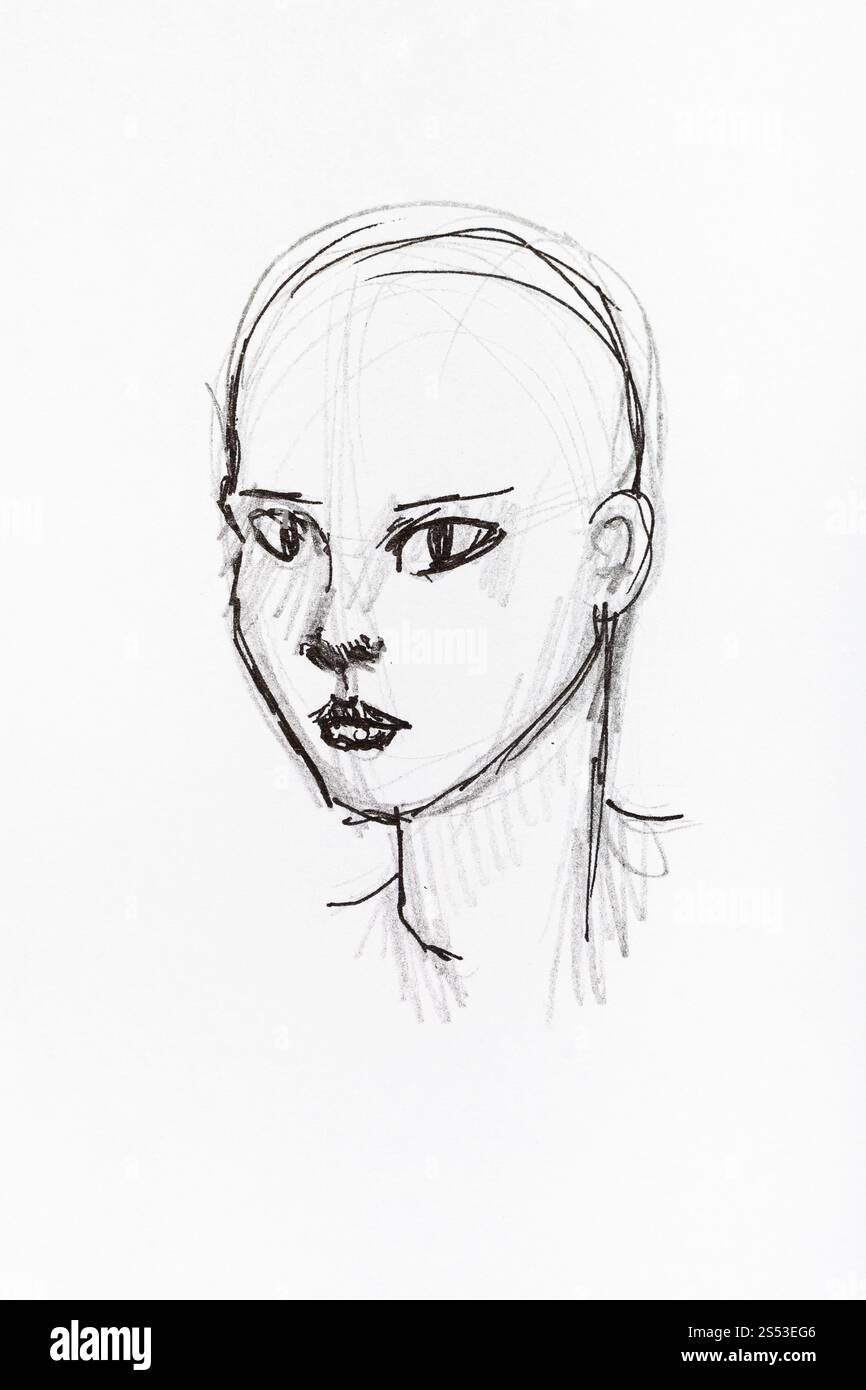 sketch of bald female head hand-drawn by black pencil and ink on white ...