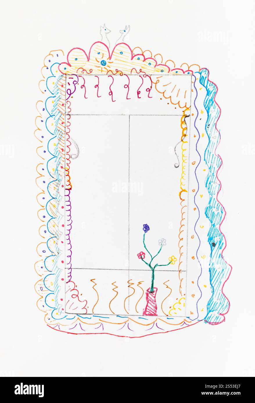 decorated home window with house plant on sill hand-drawn by felt pens ...