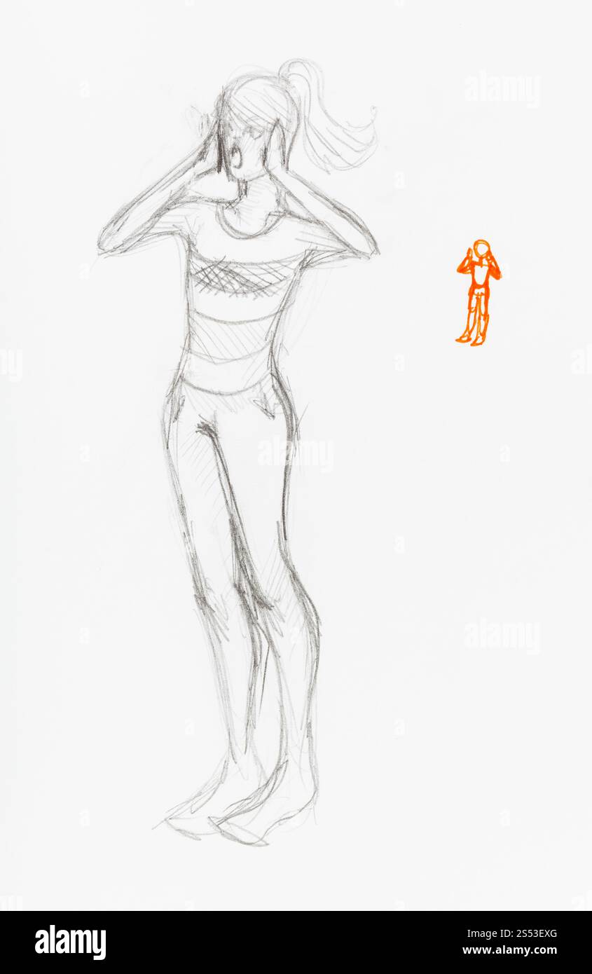 sketch of screaming girl hand-drawn by black pencil on white paper ...