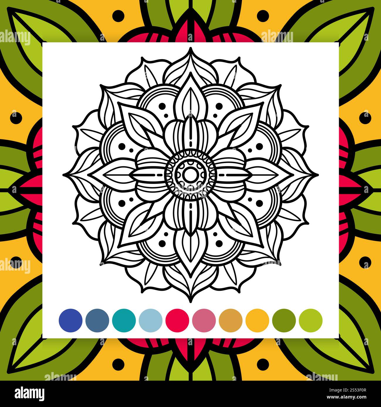 Oriental flower mandala. Antistress adults coloring page with color ...