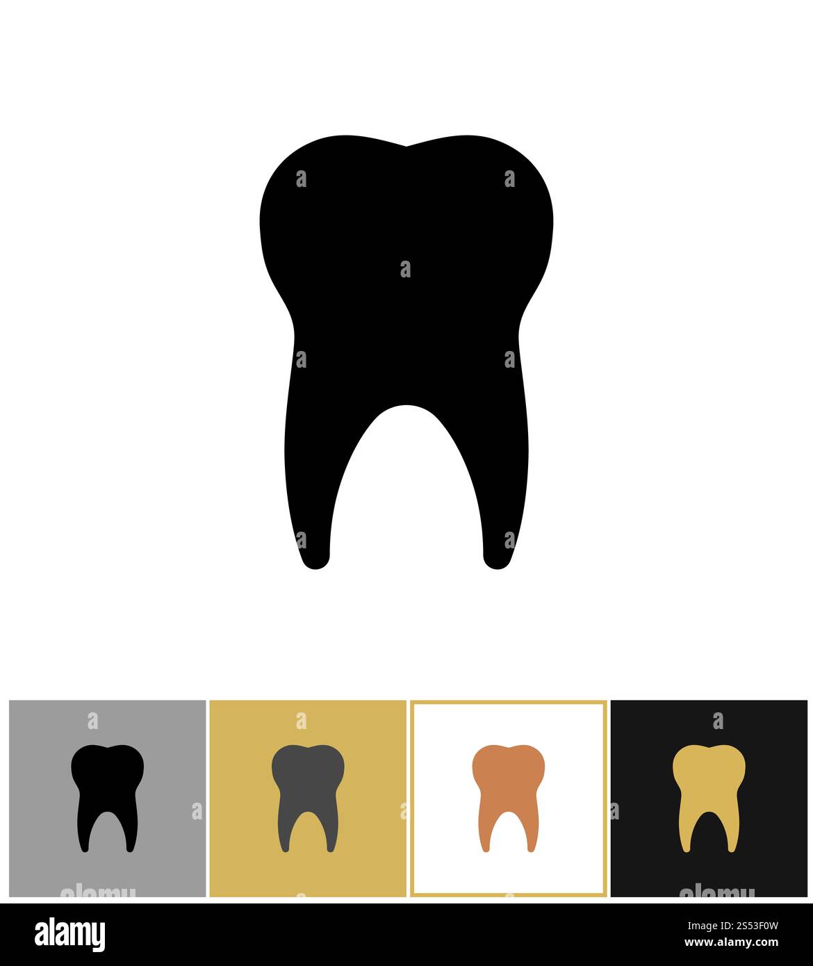 Tooth icon, dental teeth silhouette symbol on gold, black and white ...
