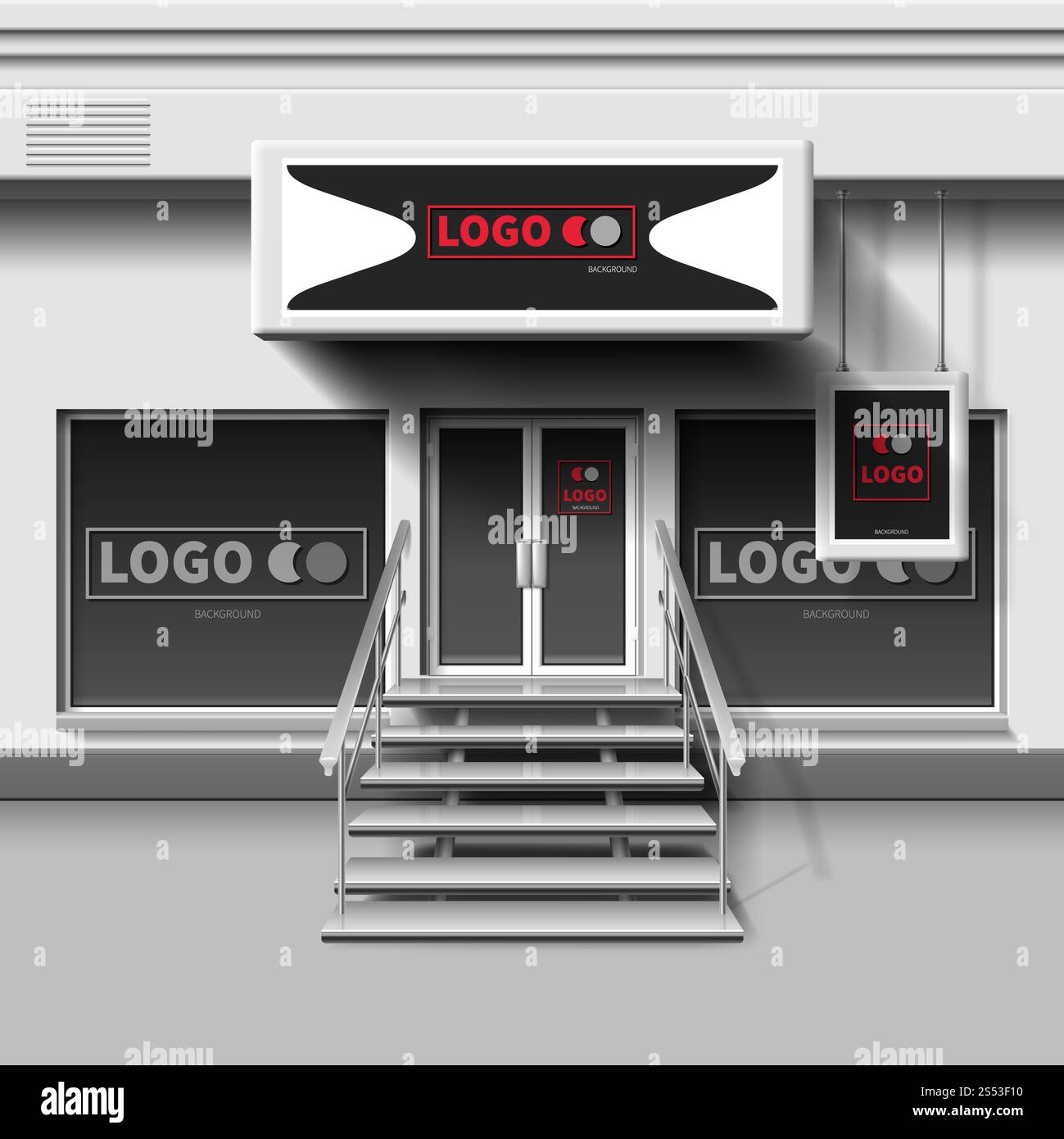 Shop exterior vector template. 3d storefront with entrance door ...