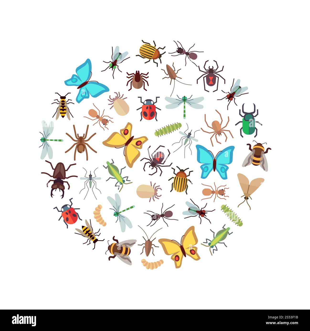Flat insects icons round concept isolated on white background. Vector ...
