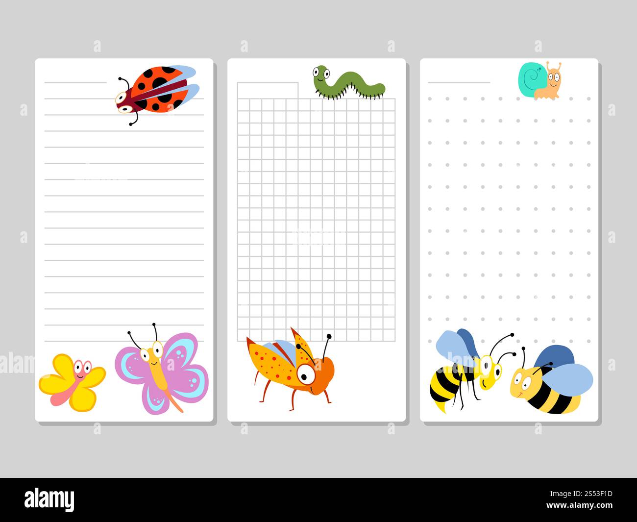 Kids pages for notes and to do lists of set with cartoon insects ...