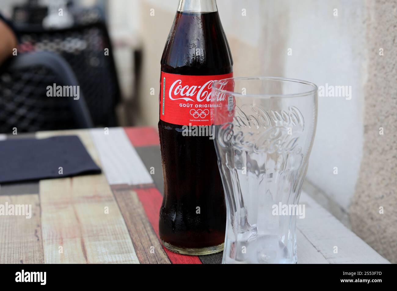 Coca-Cola bottle and glass pictured in Ile de Re, France, Europe Stock ...
