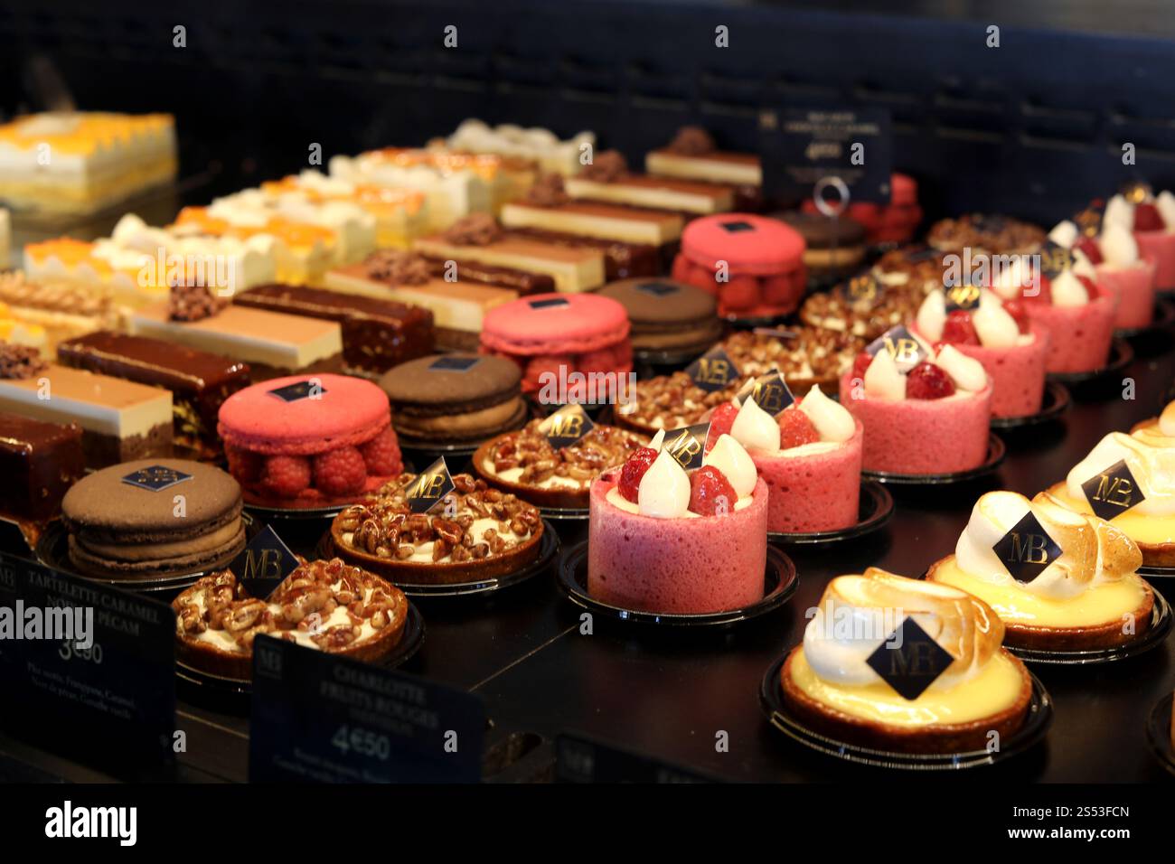 General view of cakes and pastries in a French Bakery in Ile de Re in ...