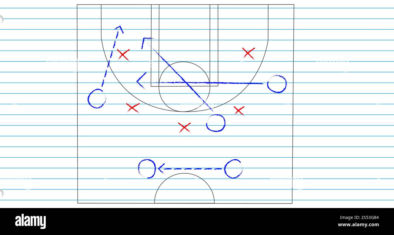 Image of basketball sports court with tactics and strategy drawings on ...