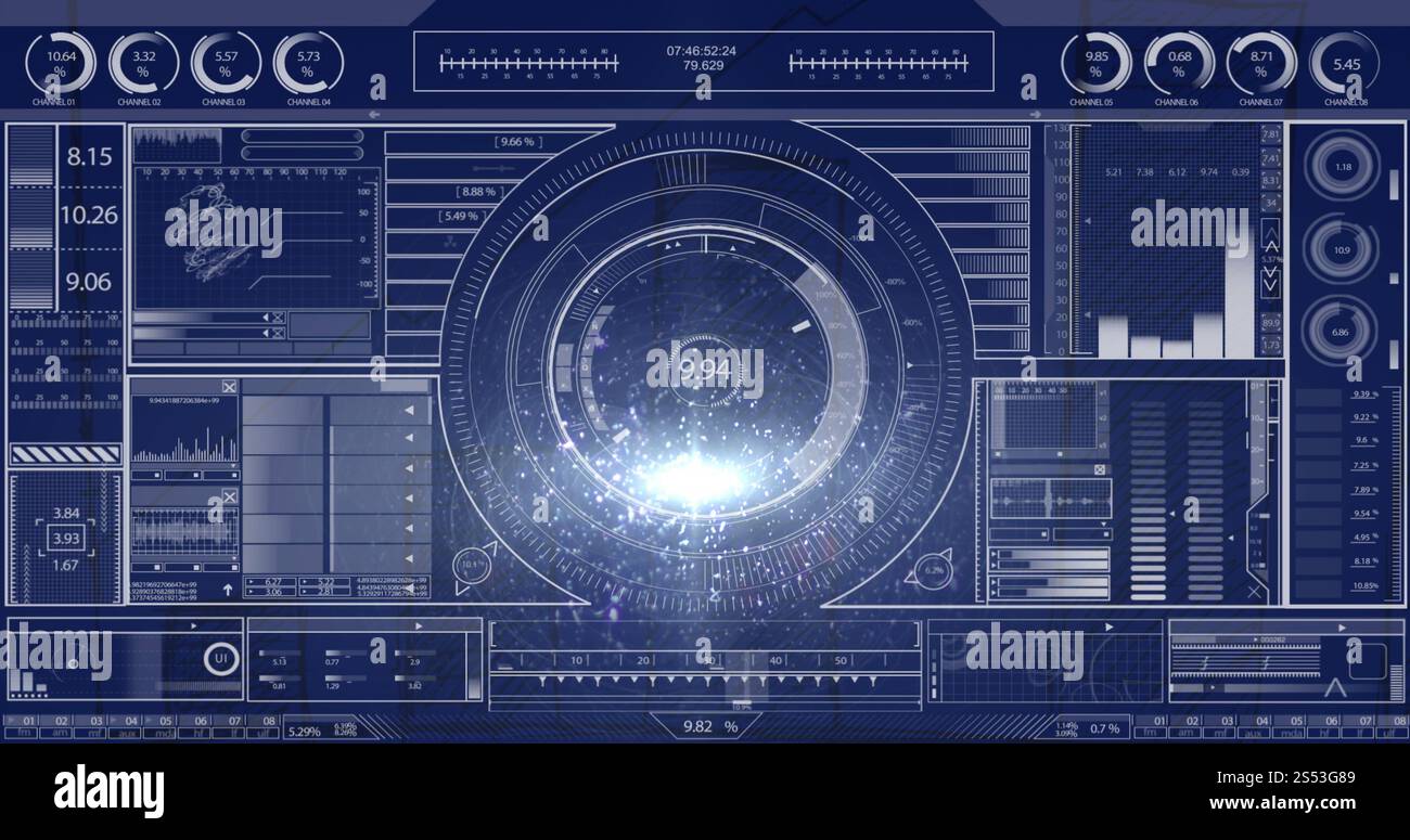 Image of circular scanner and charts processing data on interface ...