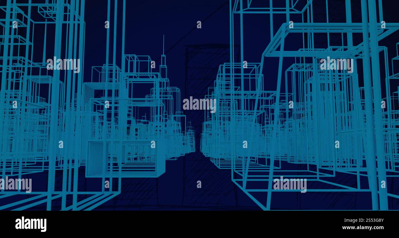 Image of 3d architectural line drawings of buildings in city street ...