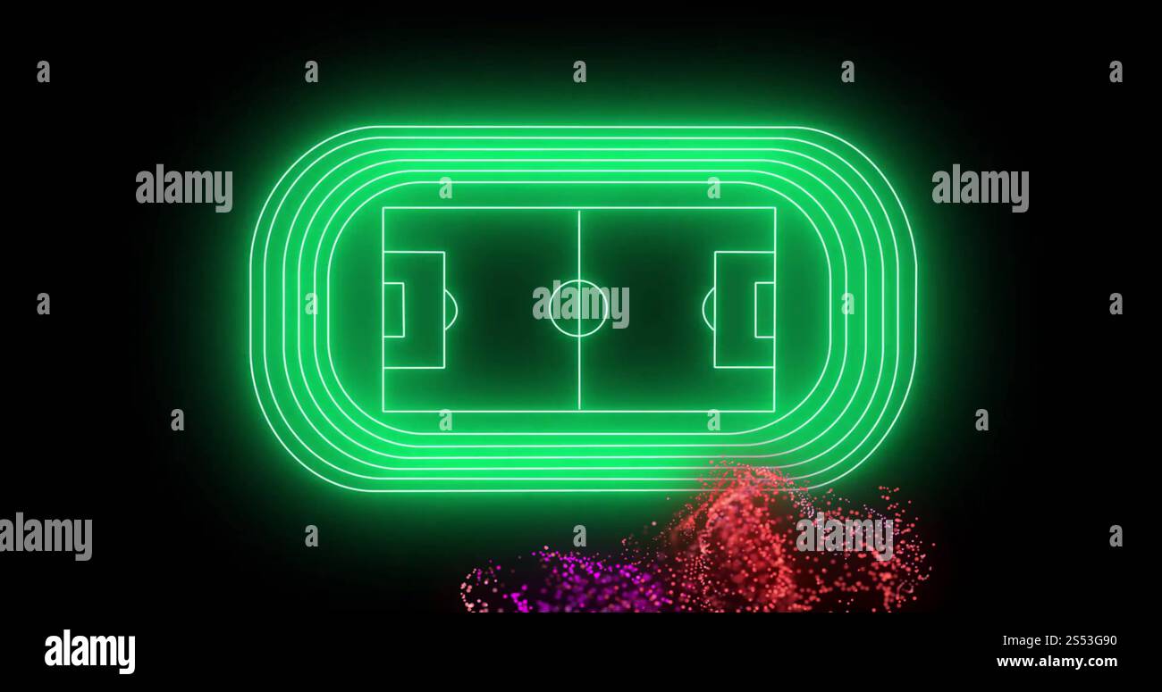 Image of network of pink and purple particles over green neon football stadium on black Stock ...